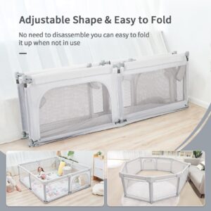 Baby Playpen Foldable 79x59 Playpen for Babies and Toddlers, Adjustable Play Pen for Toddlers 1-3 Baby Fence Baby Play Yards for Indoor & Outdoor Baby Gate Playpen with Packing Bag, Light Grey