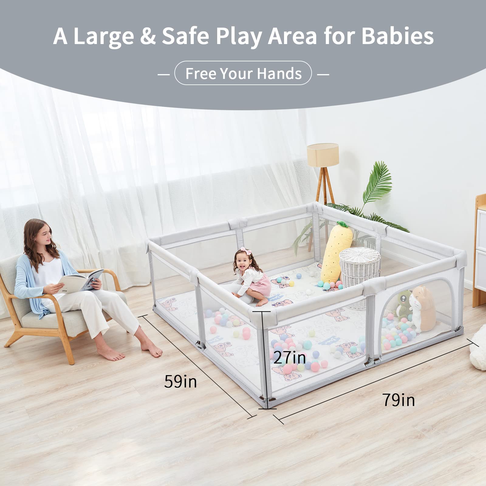 Baby Playpen Foldable 79x59 Playpen for Babies and Toddlers, Adjustable Play Pen for Toddlers 1-3 Baby Fence Baby Play Yards for Indoor & Outdoor Baby Gate Playpen with Packing Bag, Light Grey