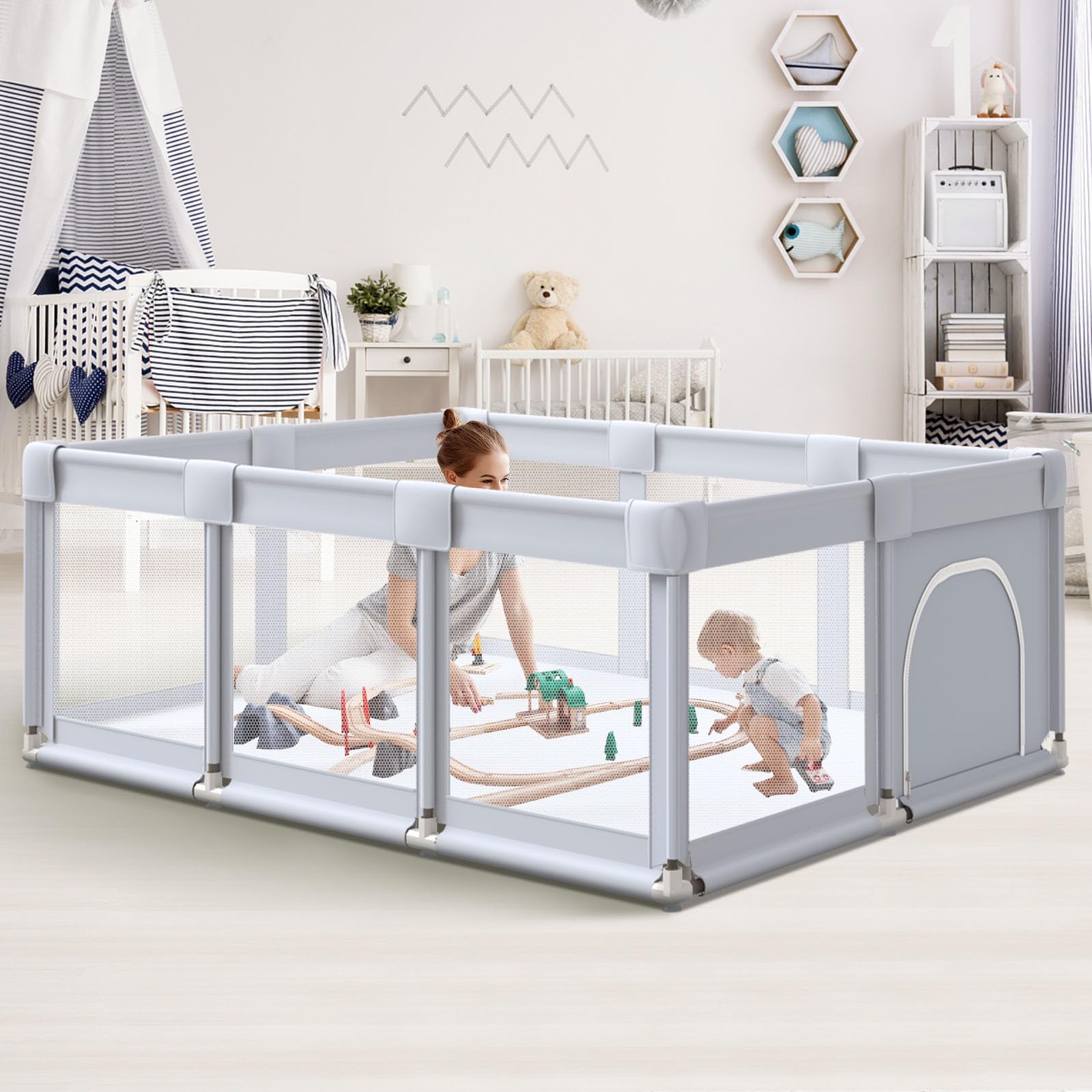 Baby Playpen 74"x50" Play Pens for Babies and Toddlers, Large Play Yards for Indoor & Outdoor with Zipper Gates, Breathable Mesh with Anti-Slip Base