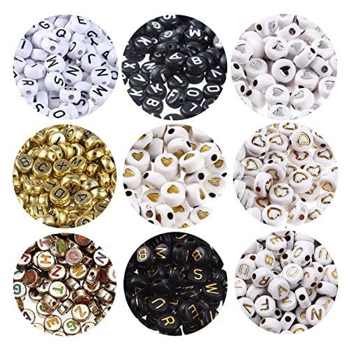 NHBT YU 100pcs 4x7mm Black White Gold Letter Beads for Jewelry Making Components Acrylic Alphabet Round Beads Bracelet Components DIY T87 (Color : White-Gold Love, Size : 100pcs)