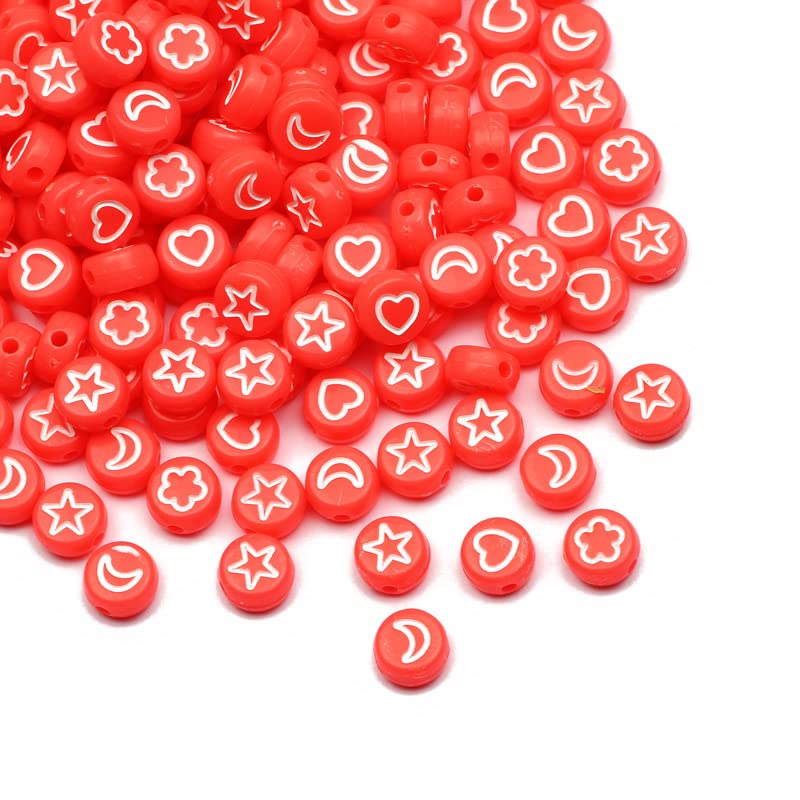 NHBT YU Red Mixed Acrylic Spacer Beads Round Flat Heart Moon Flower Star Beads for Jewelry Making Handmade DIY Bracelet Accessories T87 (Color : Red, Item Diameter : 300Pcs)