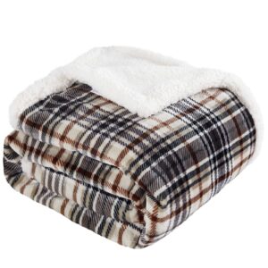 touchat sherpa plaid throw blanket, fuzzy fluffy cozy soft blanket, fleece flannel plush twin size microfiber blanket for couch bed sofa (60" x 70", plaid brown)