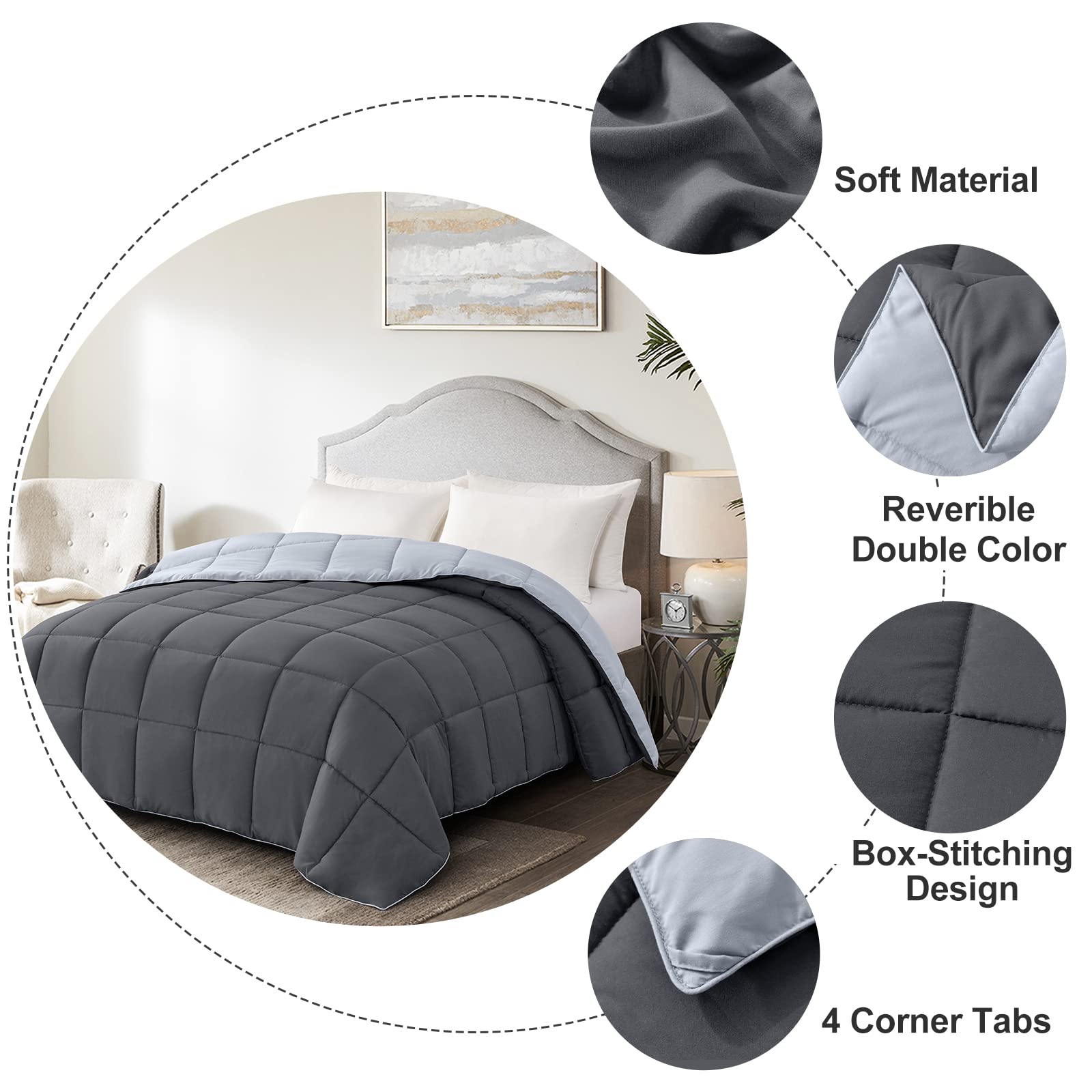 Homelike Moment Lightweight Queen Comforter - Grey Down Alternative Bedding Comforters Queen Size, All Season Duvet Insert Quilted Reversible Bed Comforter Soft Queen Full Size Dark Gray/Light Grey