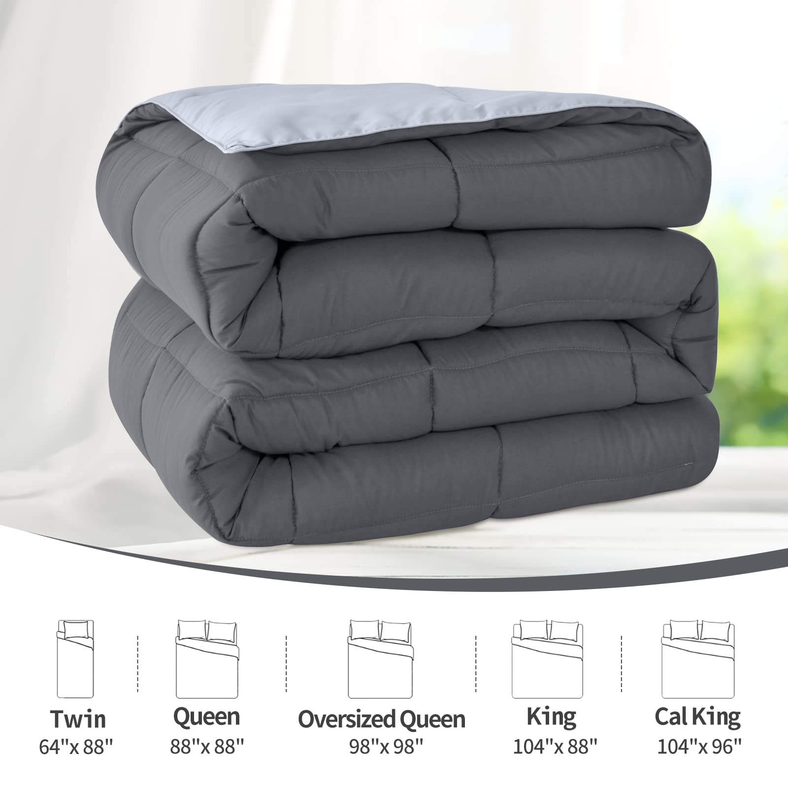 Homelike Moment Lightweight Queen Comforter - Grey Down Alternative Bedding Comforters Queen Size, All Season Duvet Insert Quilted Reversible Bed Comforter Soft Queen Full Size Dark Gray/Light Grey