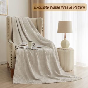 PHF Ultra Soft Waffle Weave Blanket Queen Size 90"x 90"- Washed Lightweight Breathable Cozy Woven Blanket Perfect for Spring Summer - Great Decor for Couch Bed Sofa Home Car - Light Khaki/Linen