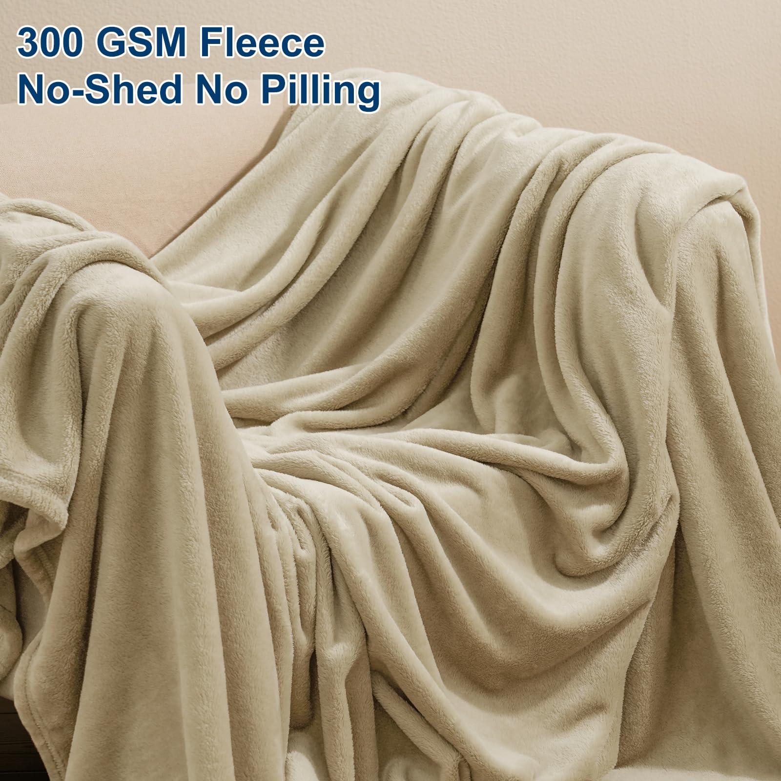 PHF Ultra Soft Fleece Blanket Queen Size, No Shed No Pilling Luxury Plush Cozy 300GSM Lightweight Blanket for Bed, Couch, Chair, Sofa Suitable for All Season, 90" x 90", Khaki