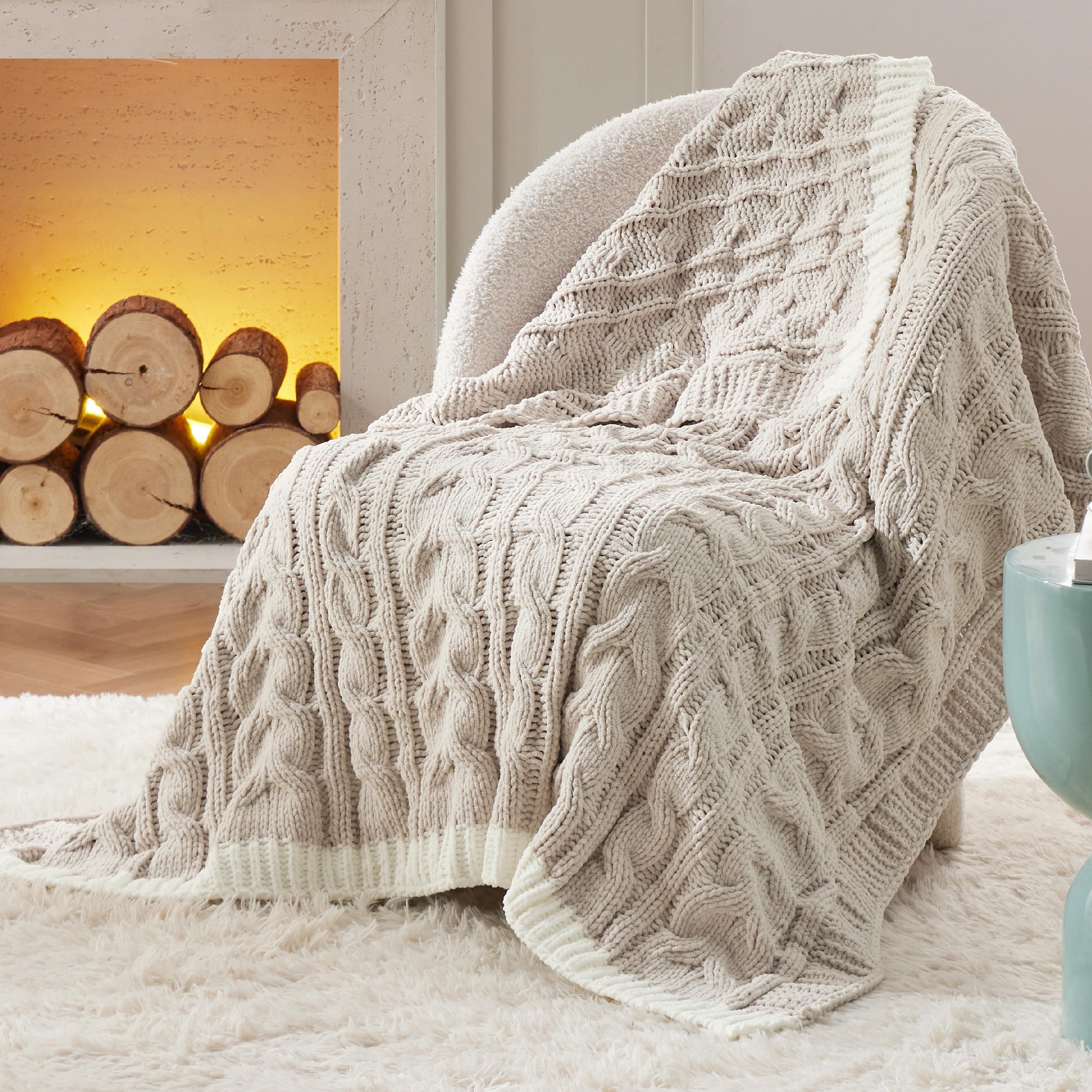 Bedsure Cable Knitted Throw Blanket for Couch, Chenille Chunky Knit Throw Blanket - Soft and Cozy Linen Throw Blanket for Winter, Throw (50" x 60")