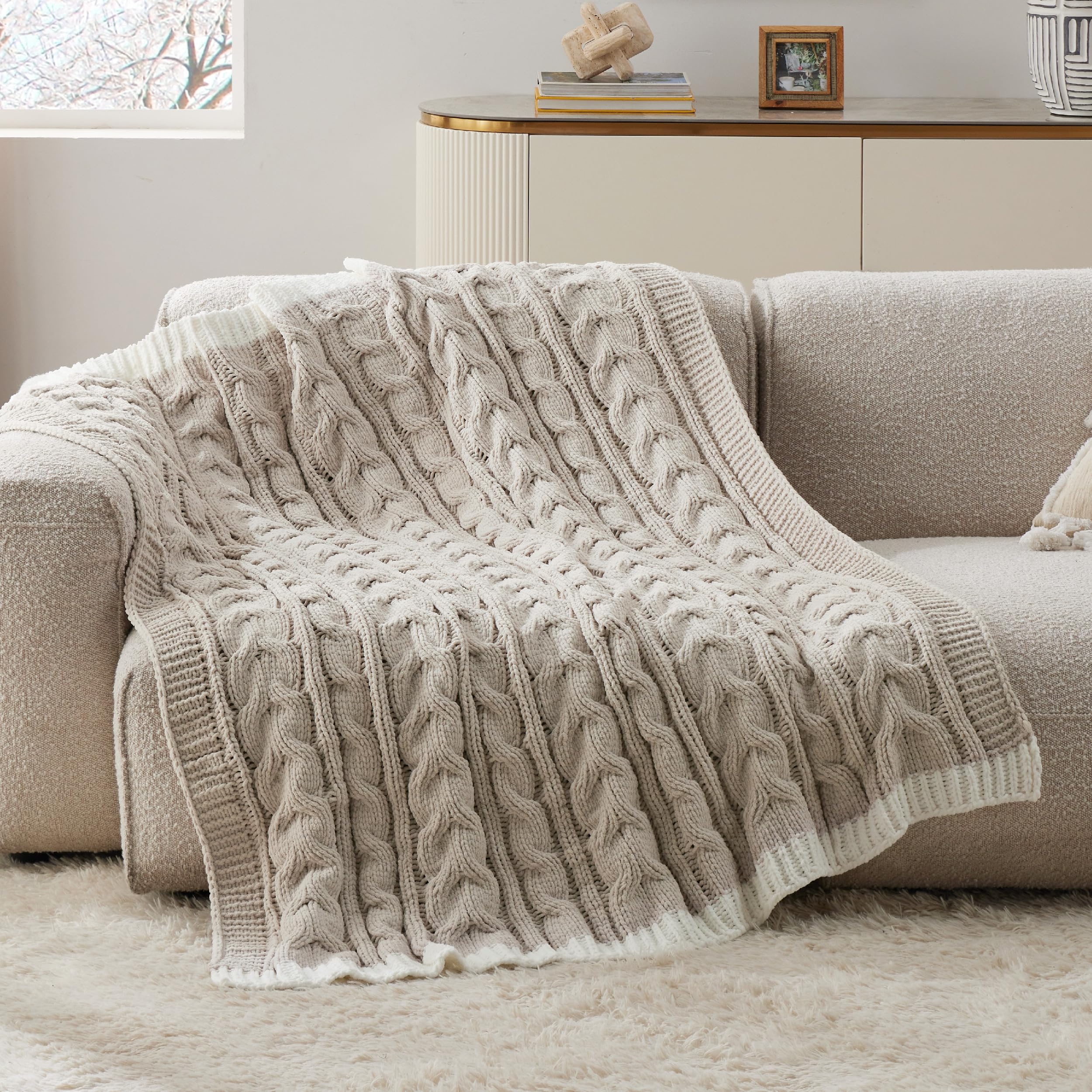 Bedsure Cable Knitted Throw Blanket for Couch, Chenille Chunky Knit Throw Blanket - Soft and Cozy Linen Throw Blanket for Winter, Throw (50" x 60")