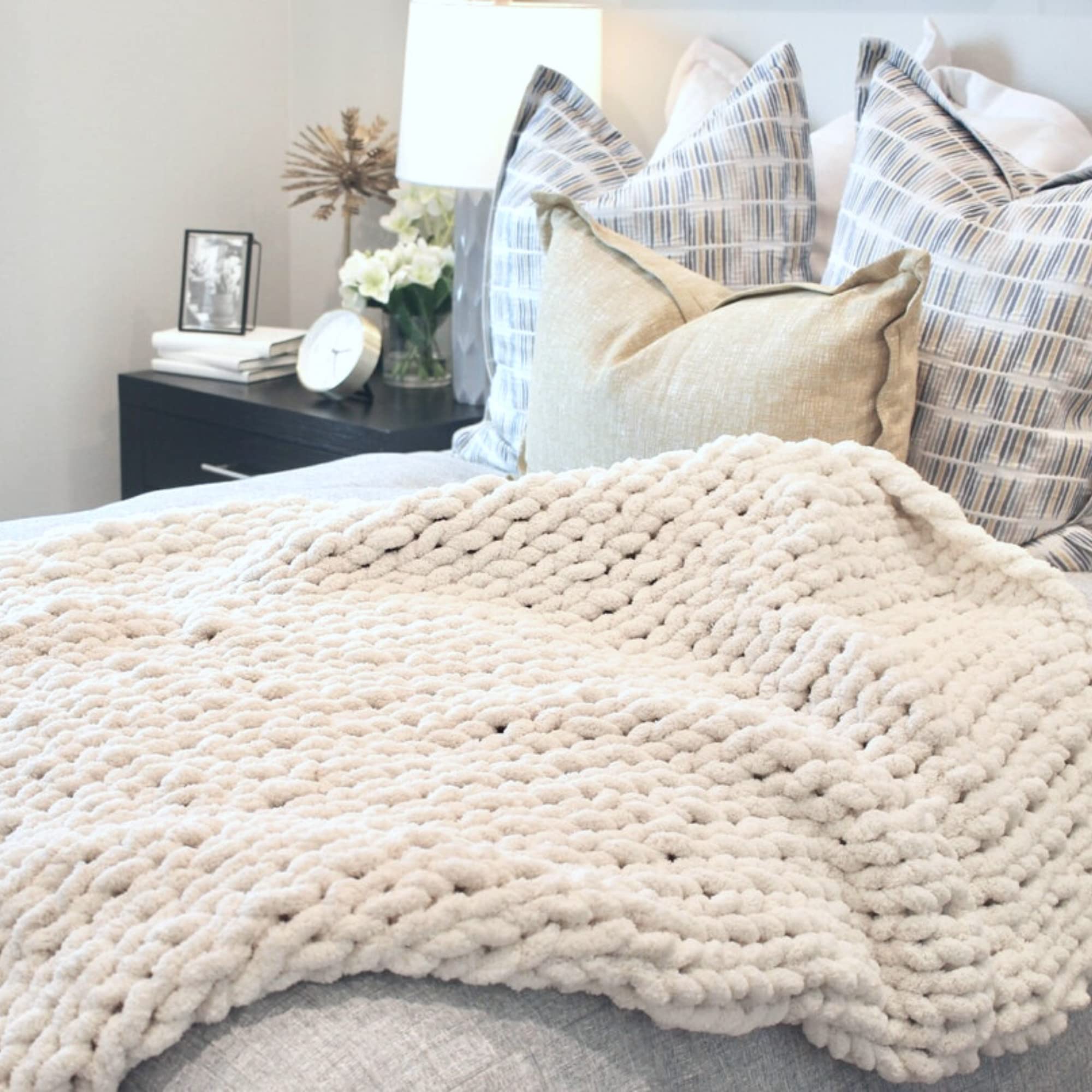 Adyrescia Chunky Knit Blanket Throw | 100% Hand Knit with Jumbo Chenille Yarn (40"x50", Cream White)