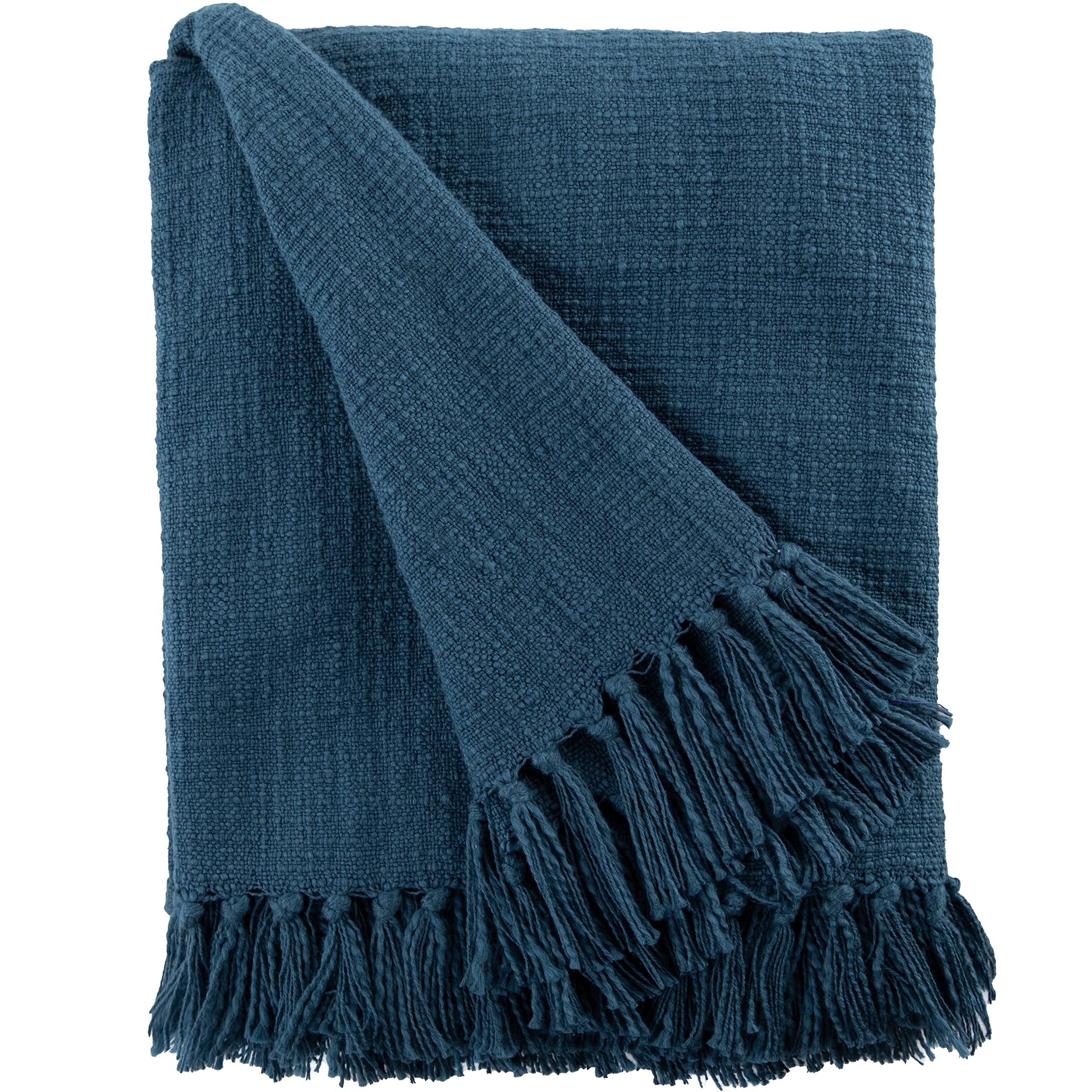 Sticky Toffee Cotton Throw Blanket for Couch, 60x50 in, Blue Navy Boho Woven Throw with Fringe, Textured Throw Blankets, Thick and Durable Decorative Throw