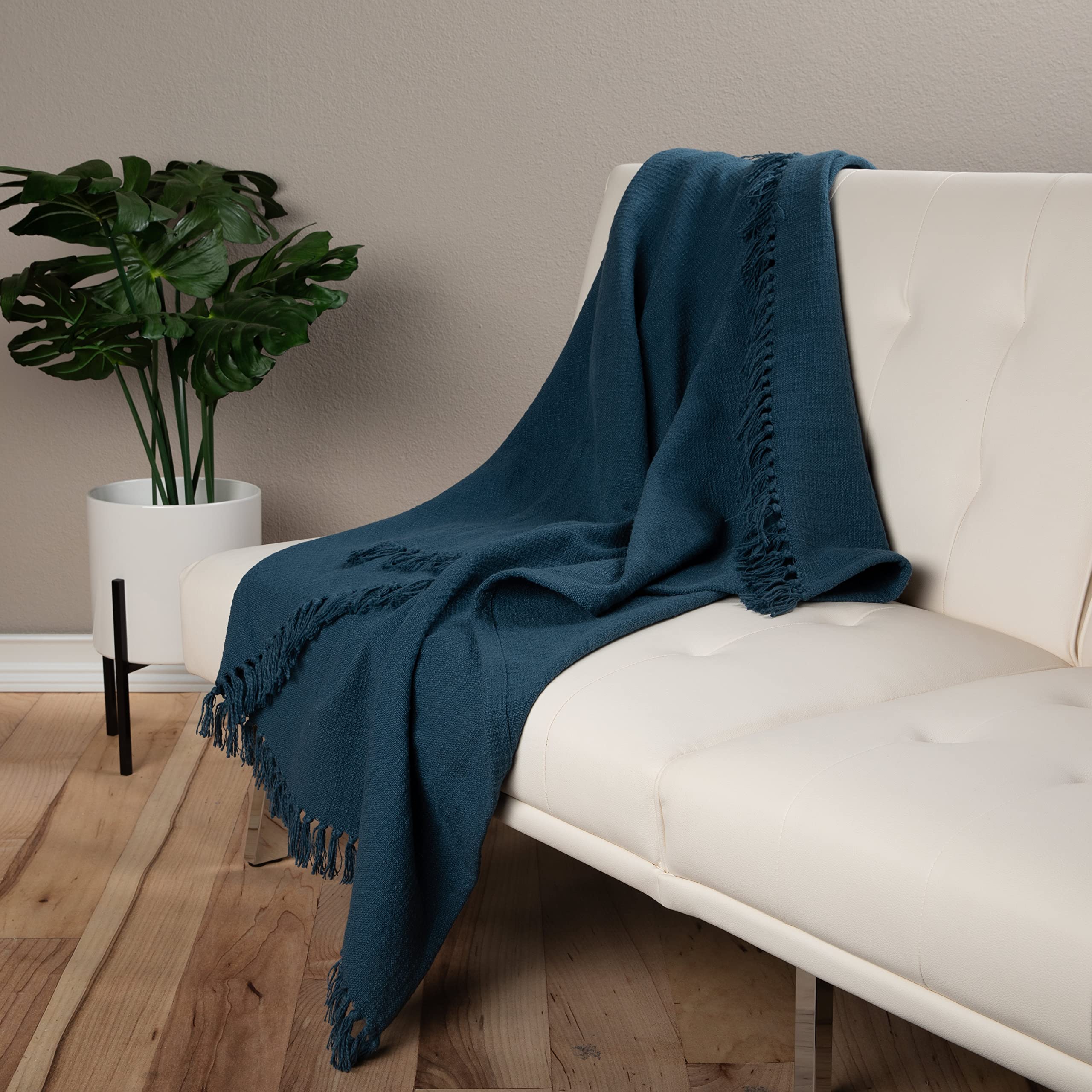 Sticky Toffee Cotton Throw Blanket for Couch, 60x50 in, Blue Navy Boho Woven Throw with Fringe, Textured Throw Blankets, Thick and Durable Decorative Throw