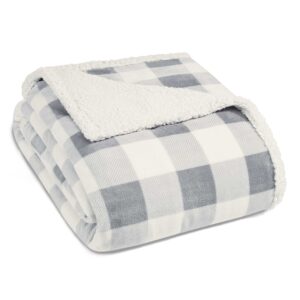 eddie bauer - queen blanket, reversible sherpa fleece bedding, buffalo plaid home decor for all seasons (chrome, queen)