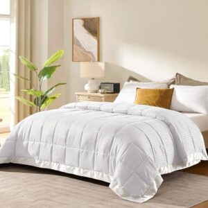 downluxe king size blanket with satin trim, lightweight down alternative king blanket for all season, machine washable (ivory, 90x108 inch)