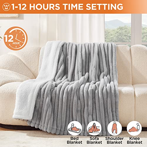 Westinghouse Electric Blanket Twin Size, Super Cozy Luxury Faux Fur & Sherpa Heated Blanket with 10 Heating Levels & 1-12 Hours Auto Off, Fast Heating Blanket, Machine Washable, 62x 84 Inch Light Grey