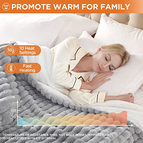 Westinghouse Electric Blanket Twin Size, Super Cozy Luxury Faux Fur & Sherpa Heated Blanket with 10 Heating Levels & 1-12 Hours Auto Off, Fast Heating Blanket, Machine Washable, 62x 84 Inch Light Grey