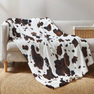 cozy bliss cow print throw blanket non shedding milkyplush™ fleece 330gsm thick blankets western room decor super soft warm for adults kids girl gifts bedroom couch sofa travel black brown 50"x60"