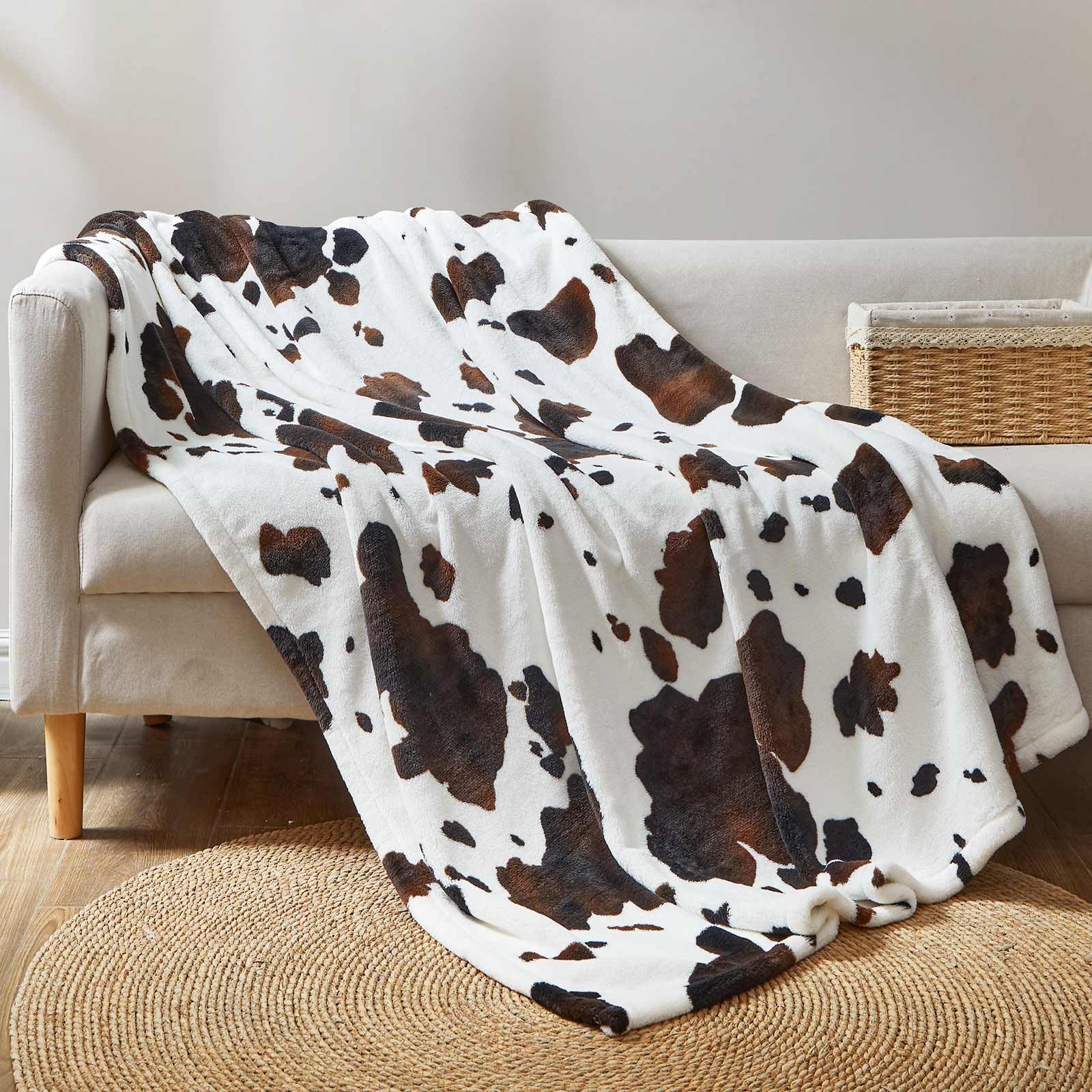 Cozy Bliss Cow Print Throw Blanket Non Shedding MilkyPlush™ Fleece 330GSM Thick Blankets Western Room Decor Super Soft Warm for Adults Kids Girl Gifts Bedroom Couch Sofa Travel Black Brown 50"x60"