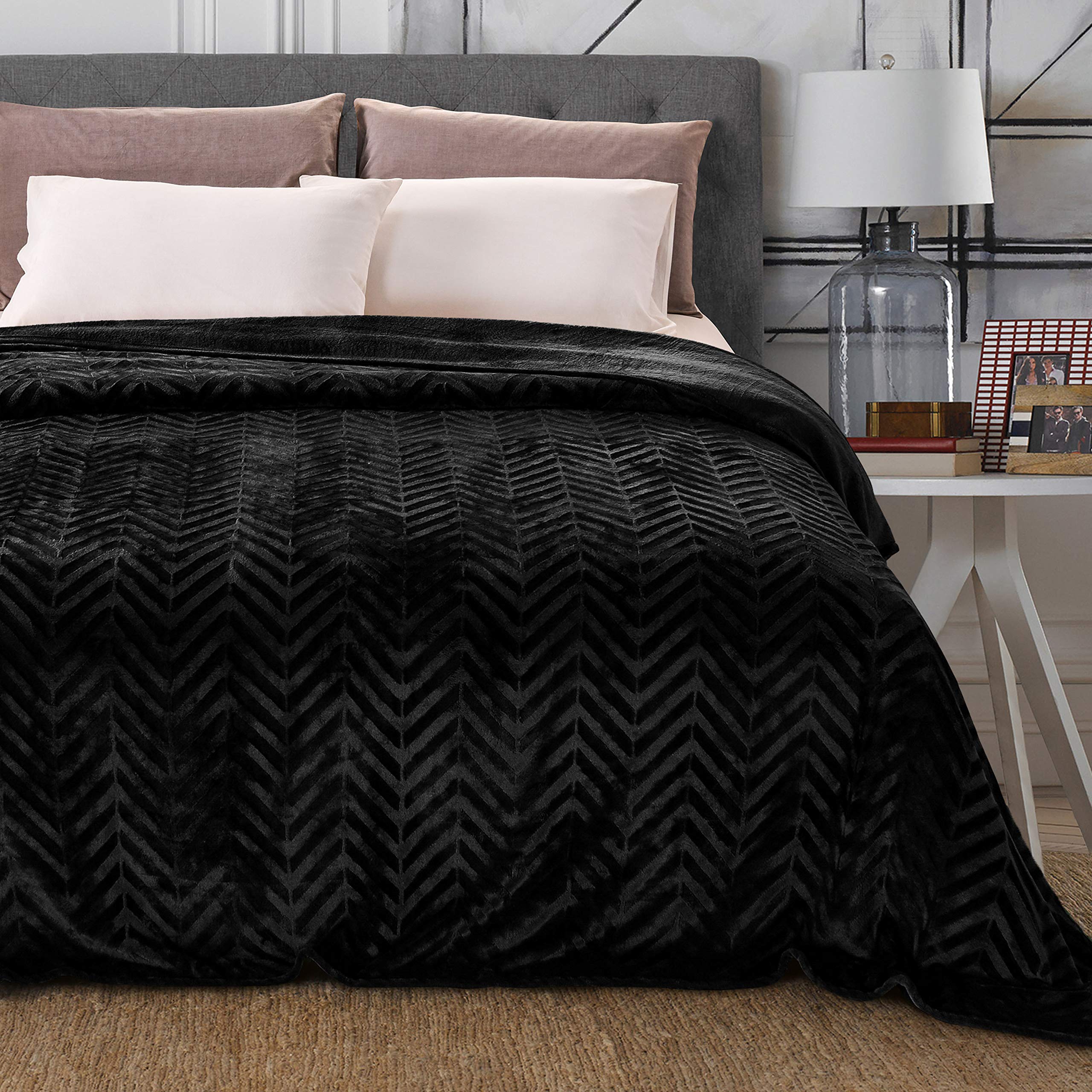 Whale Flotilla Flannel Fleece King Size Blanket for Bed, Soft Fluffy Velvet Bedspread Coverlet with Decorative Chevron Pattern for All Season, Warm and Lightweight, 90x104 Inch, Black