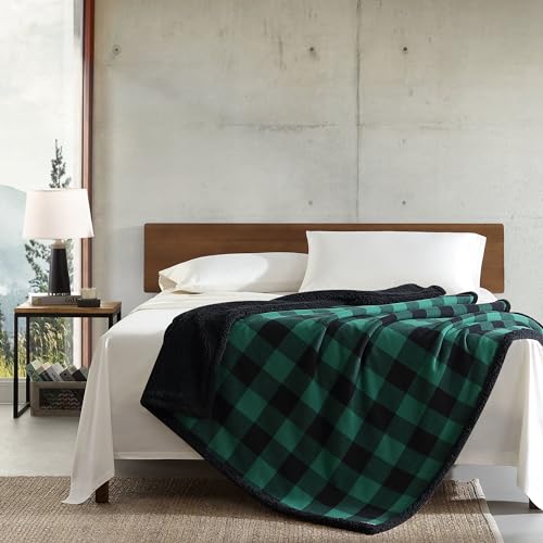 Eddie Bauer - Throw Blanket, Reversible Sherpa Flannel Bedding, Buffalo Plaid Home Decor for All Seasons (Green/Black, Throw)