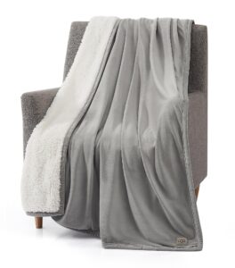 ugg 01465 bliss sherpa fully reversible throw blanket for couch or bed machine washable easy care soft plush luxury oversized accent blankets, 70 x 50-inch, silver