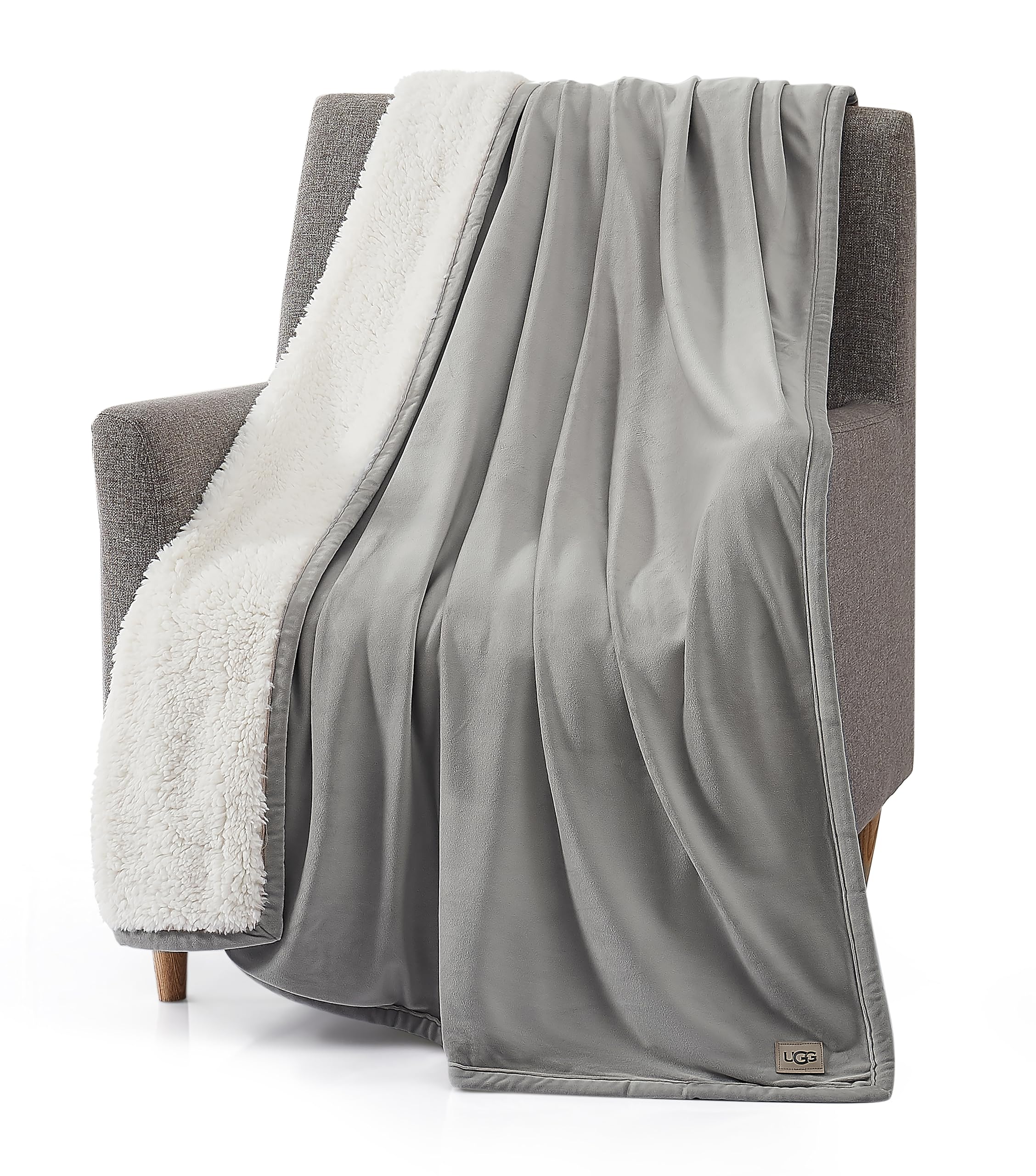 UGG 01465 Bliss Sherpa Fully Reversible Throw Blanket for Couch or Bed Machine Washable Easy Care Soft Plush Luxury Oversized Accent Blankets, 70 x 50-Inch, Silver