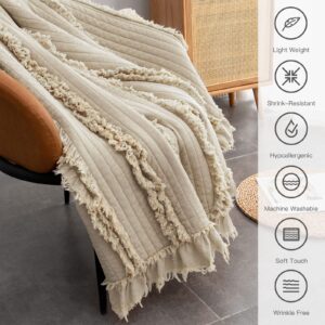 Ultra Soft Pre-Washed Quilted Boho Throw Blanket, Ruffle Fringed Beige Decorative Throw, Stone Washed Chic Rustic Blanket for Sofa Couch Bed Chair, 50"x 60"