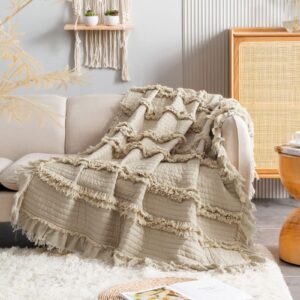 Ultra Soft Pre-Washed Quilted Boho Throw Blanket, Ruffle Fringed Beige Decorative Throw, Stone Washed Chic Rustic Blanket for Sofa Couch Bed Chair, 50"x 60"