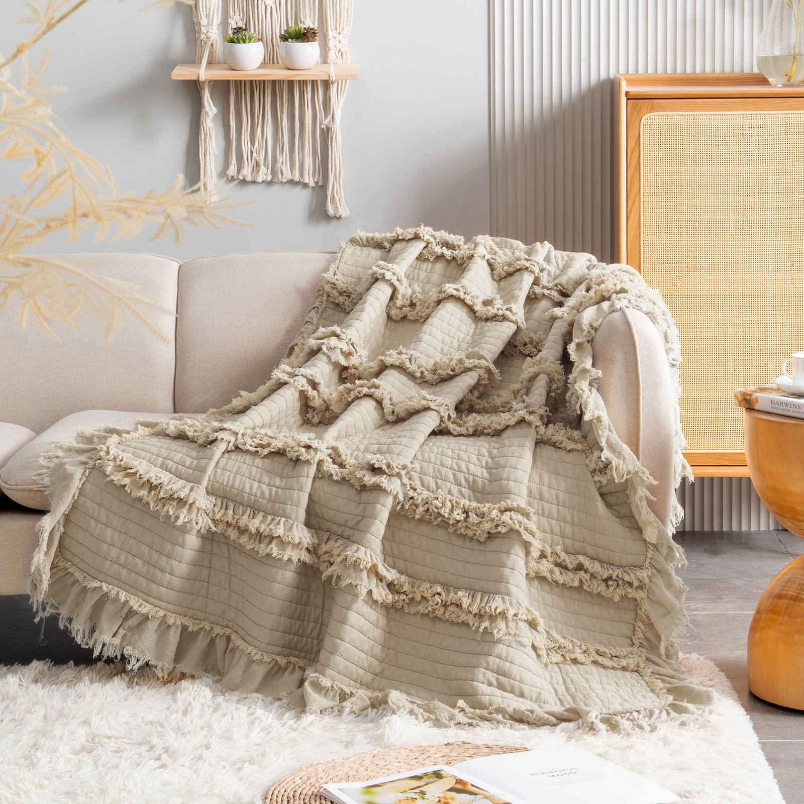 Ultra Soft Pre-Washed Quilted Boho Throw Blanket, Ruffle Fringed Beige Decorative Throw, Stone Washed Chic Rustic Blanket for Sofa Couch Bed Chair, 50"x 60"