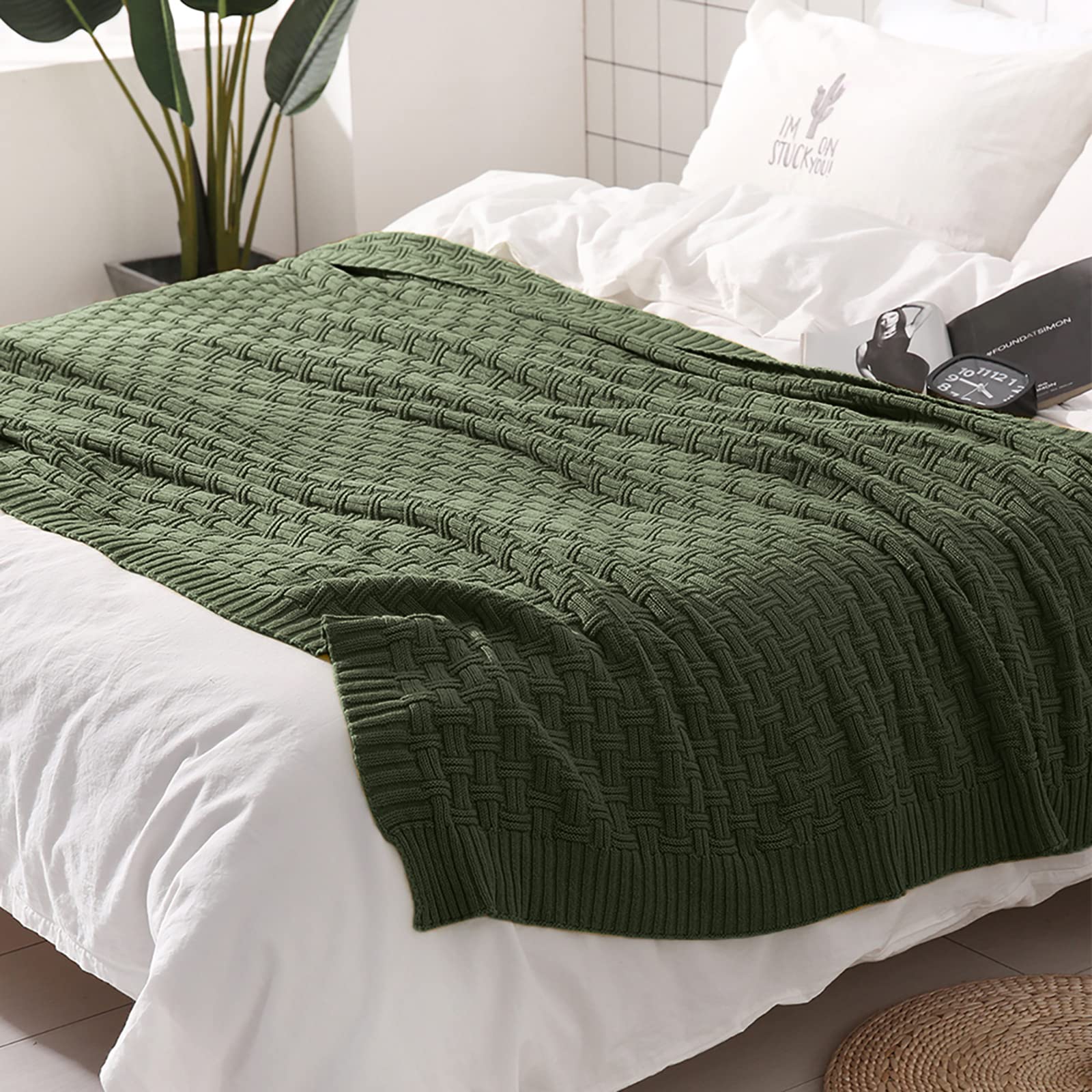 TREELY 100% Cotton Knitted Throw Blanket Couch Cover Blanket(50 x 60 Inches, Green Forest)