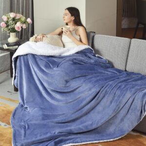 KAWAHOME Sherpa Fleece Queen Size Blanket for Bed - Extra Warm and Heavy Thick Blankets for winter, Super Soft 500GSM Plush Blanket, 90"X 90" Washed Blue