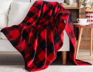 touchat fleece throw blankets, buffalo plaid throw blanket for couch sofa bed, soft warm fuzzy cozy plush checkered christmas blanket, lightweight farmhouse decor 50" x 60" (red & black)