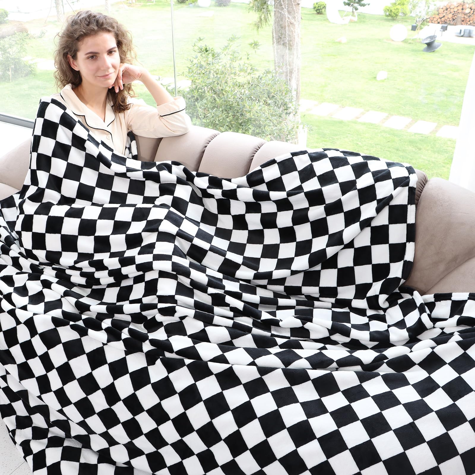 Warm Blanket Soft Cozy Throw Blanket Checkered Fleece Throw Blankets for Couch (Checkerboard Black, 50"x60")