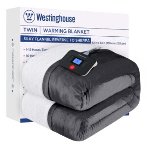 westinghouse electric blanket heated blanket | 10 heating levels & 1 to 12 hours heating time settings | flannel to sherpa reversible 62x84 twin size | machine washable, charcoal