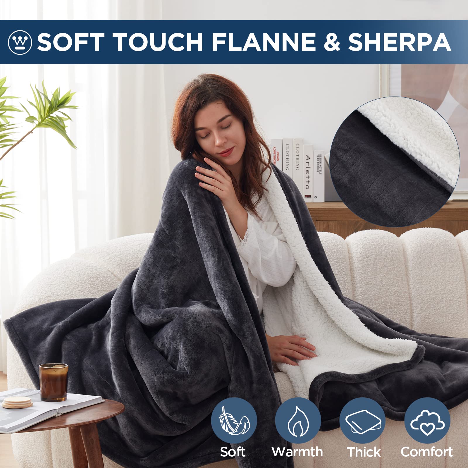 Westinghouse Electric Blanket Heated Blanket | 10 Heating Levels & 1 to 12 Hours Heating Time Settings | Flannel to Sherpa Reversible 62x84 Twin Size | Machine Washable, Charcoal