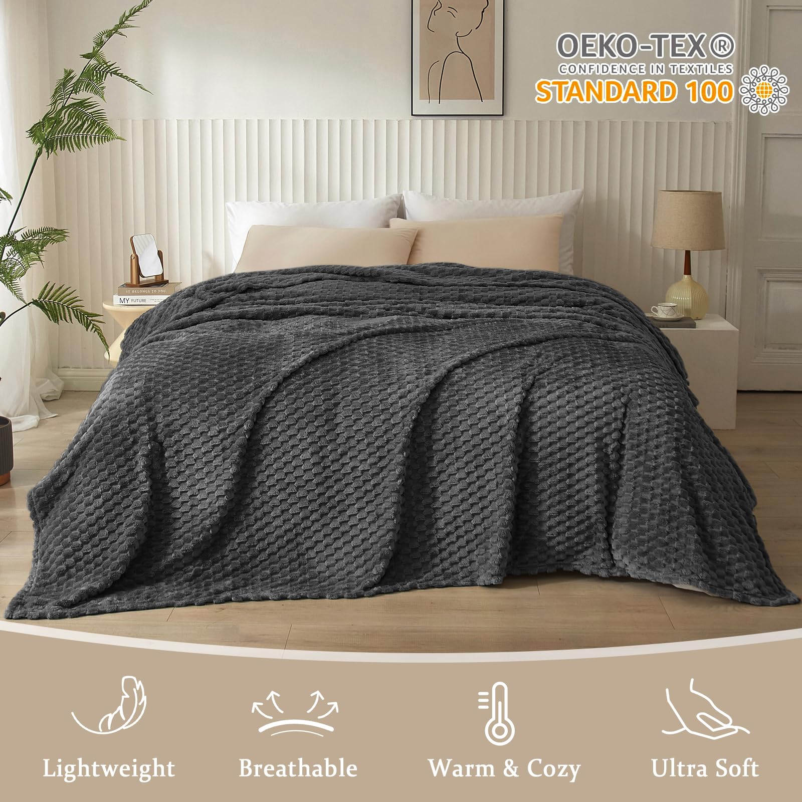 PHF Ultra Soft Flannel Fleece Blanket King Size, Lightweight 3D Jacquard Fleece Blanket, No Shedding, No Pilling, Luxury 340GSM Fluffy Cozy Blanket for Bed, Couch, 108"x90", Dark Grey