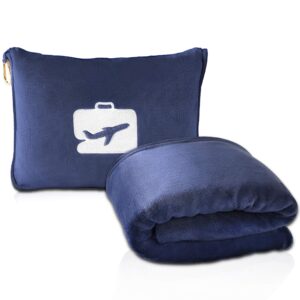 eversnug travel blanket and pillow - premium soft 2 in 1 airplane blanket with soft bag pillowcase, hand luggage sleeve and backpack clip (navy blue)