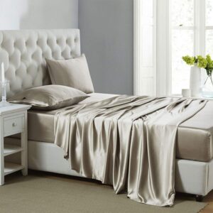 lanest housing silk satin sheets, 4-piece full size satin bed sheet set with deep pockets, cooling soft and hypoallergenic satin sheets full - taupe