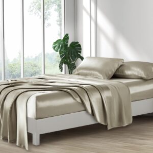 Lanest Housing Silk Satin Sheets, 4-Piece Full Size Satin Bed Sheet Set with Deep Pockets, Cooling Soft and Hypoallergenic Satin Sheets Full - Taupe