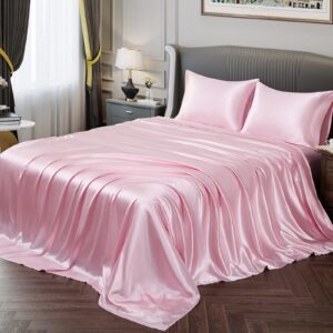 vonty satin sheets full size silky soft satin bed sheets pink satin sheet set, 1 deep pocket fitted sheet + 1 flat sheet + 2 pillowcases