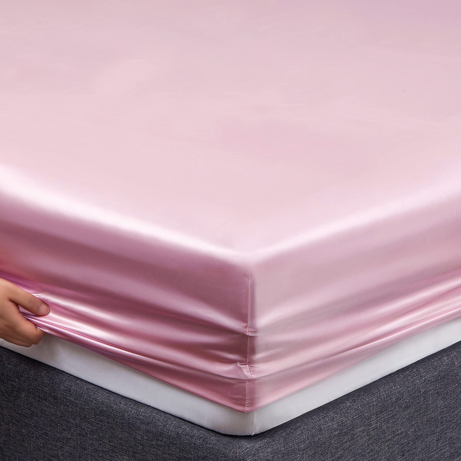 Vonty Satin Sheets Full Size Silky Soft Satin Bed Sheets Pink Satin Sheet Set, 1 Deep Pocket Fitted Sheet + 1 Flat Sheet + 2 Pillowcases