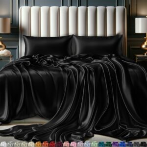 decolure satin sheets full size bed (4 pieces, 21 colors), silky satin sheet set -satin bed set with 2 pillowcase, satin fitted sheet - black satin sheets, satin bed sheets full, satin bedding set