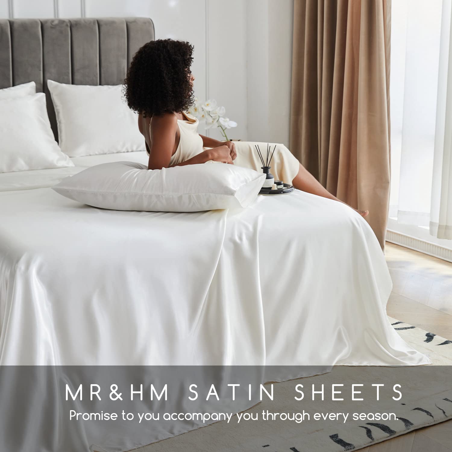 MR&HM Satin Bed Sheets, Full Size Sheets Set, 4 Pcs Silky Bedding Set with 15 Inches Deep Pocket for Mattress (Full, Ivory)