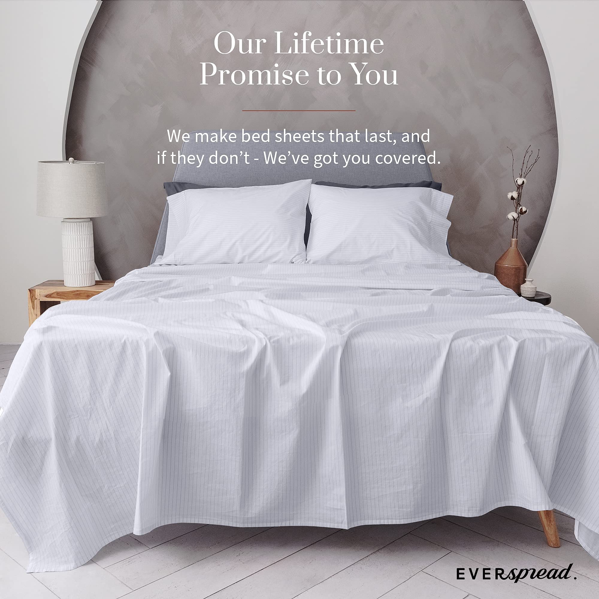 Everspread 100% Cotton Bed Sheets. Full Size - Pinstripe. 4 Piece Sheet Set. Soft Washed Percale. Natural Long Staple Cotton. Cool & Breathable Bedding. Deep Pocket Fits Mattress up to 18 inches