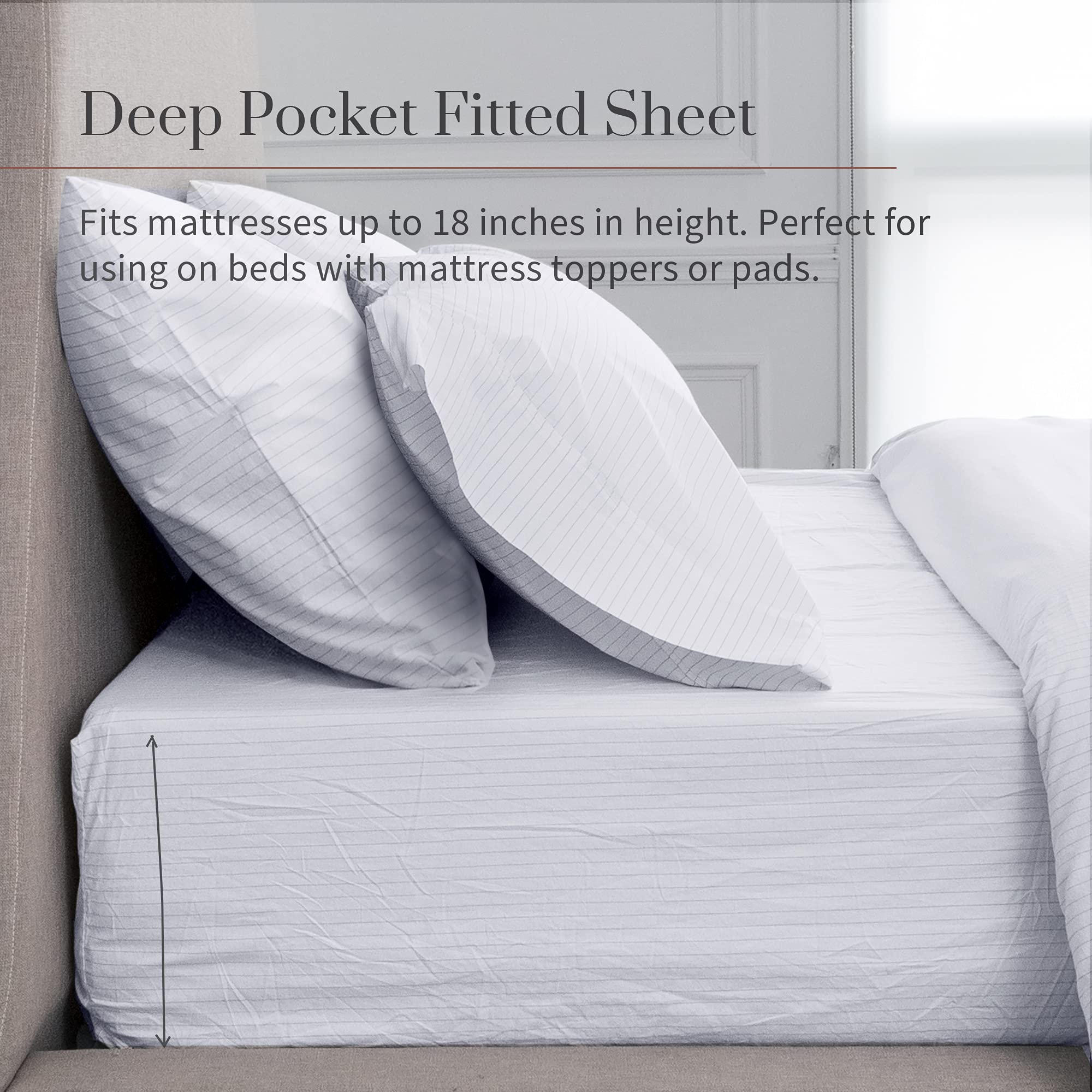 Everspread 100% Cotton Bed Sheets. Full Size - Pinstripe. 4 Piece Sheet Set. Soft Washed Percale. Natural Long Staple Cotton. Cool & Breathable Bedding. Deep Pocket Fits Mattress up to 18 inches