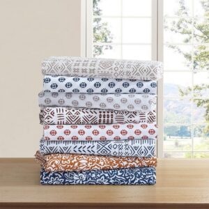 Indigo Ink - Full Size Sheet Set, 4-Piece Boho Geometric Patterned Bedding, Soft & Wrinkle Resistant (White Denim Collection, Navy Blue)