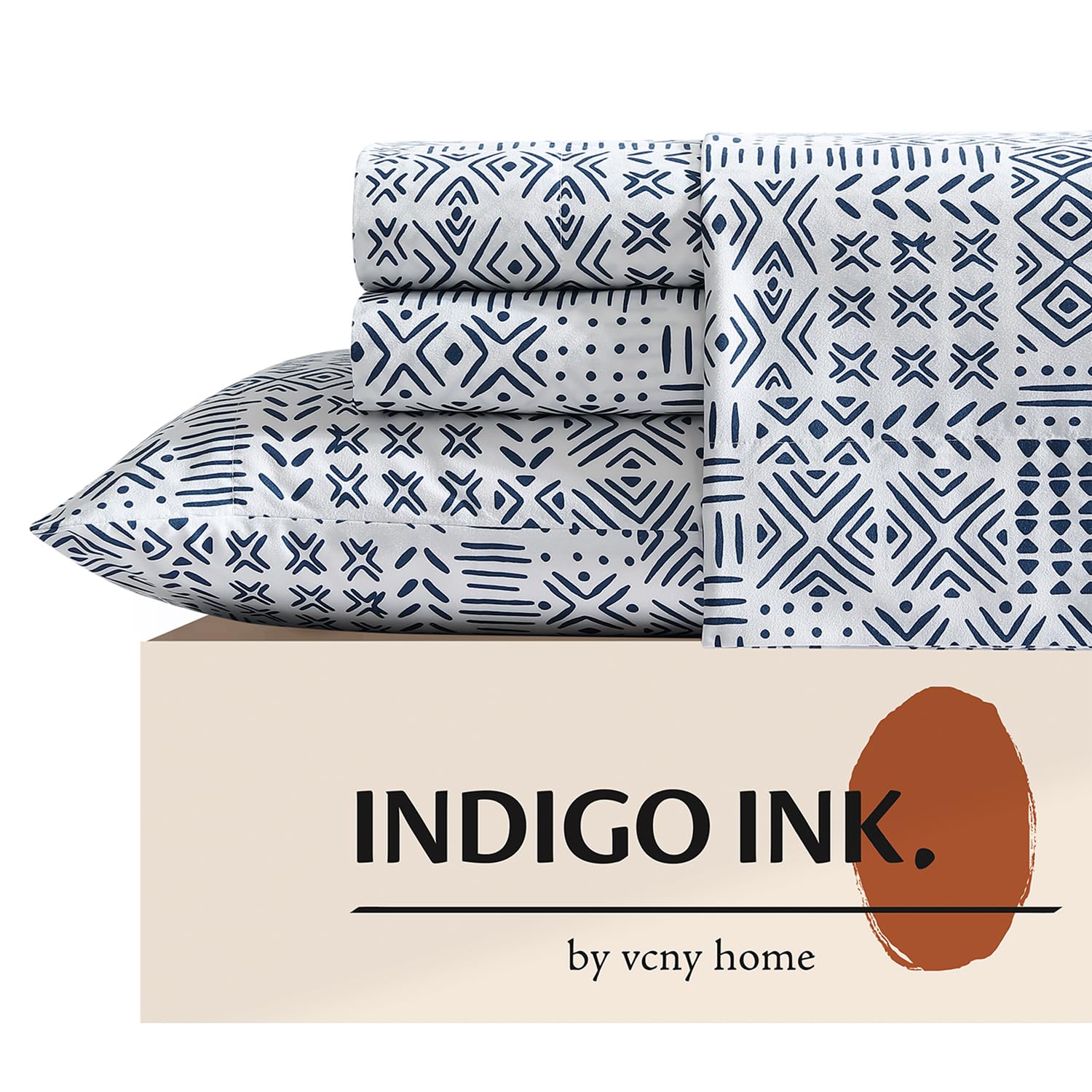 Indigo Ink - Full Size Sheet Set, 4-Piece Boho Geometric Patterned Bedding, Soft & Wrinkle Resistant (White Denim Collection, Navy Blue)