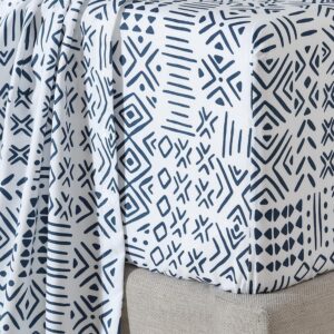 Indigo Ink - Full Size Sheet Set, 4-Piece Boho Geometric Patterned Bedding, Soft & Wrinkle Resistant (White Denim Collection, Navy Blue)