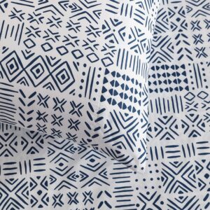 Indigo Ink - Full Size Sheet Set, 4-Piece Boho Geometric Patterned Bedding, Soft & Wrinkle Resistant (White Denim Collection, Navy Blue)