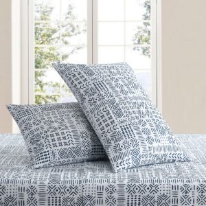 Indigo Ink - Full Size Sheet Set, 4-Piece Boho Geometric Patterned Bedding, Soft & Wrinkle Resistant (White Denim Collection, Navy Blue)