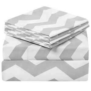 homeideas 6 piece printed full size bed sheets, extra soft brushed microfiber 1800 bedding pattern sheets, deep pocket, wrinkle & fade free, grey chevron